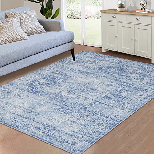 ROYHOME Area Rug 8' x 10' Machine Washable Persian Rug Traditional Abstract Rug Indoor Floor Cover Distressed Carpet Rug Velvet Mat Foldable Accent Rug for Living Room Bedroom Dining Room, Blue