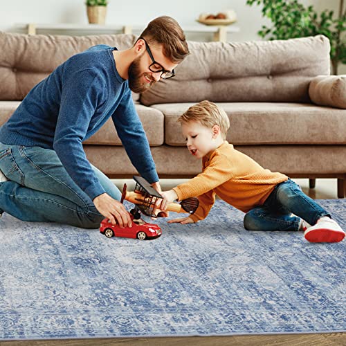 ROYHOME Area Rug 8' x 10' Machine Washable Persian Rug Traditional Abstract Rug Indoor Floor Cover Distressed Carpet Rug Velvet Mat Foldable Accent Rug for Living Room Bedroom Dining Room, Blue