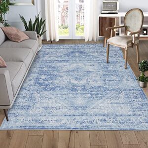 ROYHOME Area Rug 8' x 10' Machine Washable Persian Rug Traditional Abstract Rug Indoor Floor Cover Distressed Carpet Rug Velvet Mat Foldable Accent Rug for Living Room Bedroom Dining Room, Blue