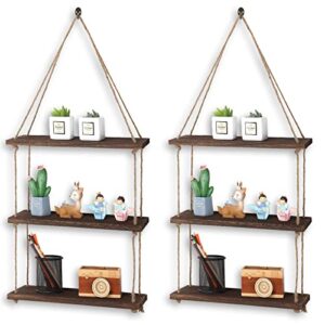 2 sets hanging shelves for wall 3 tier antique wood floating hanging shelf with ropes window plant shelves rustic storage rack wooden floating small bookshelves for bedroom living room bathroom decor