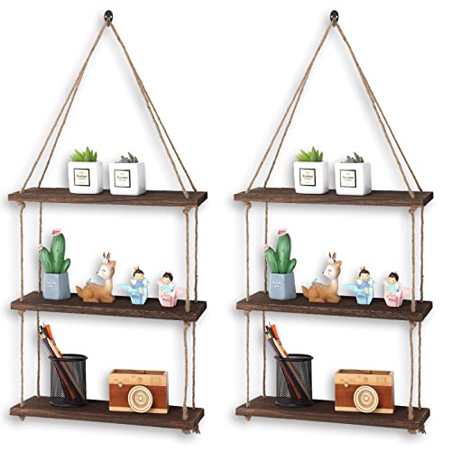 2 Sets Hanging Shelves for Wall 3 Tier Antique Wood Floating Hanging Shelf with Ropes Window Plant Shelves Rustic Storage Rack Wooden Floating Small Bookshelves for Bedroom Living Room Bathroom Decor