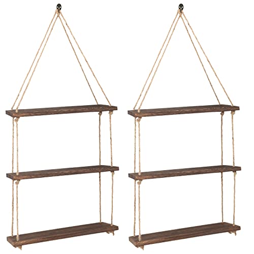 2 Sets Hanging Shelves for Wall 3 Tier Antique Wood Floating Hanging Shelf with Ropes Window Plant Shelves Rustic Storage Rack Wooden Floating Small Bookshelves for Bedroom Living Room Bathroom Decor