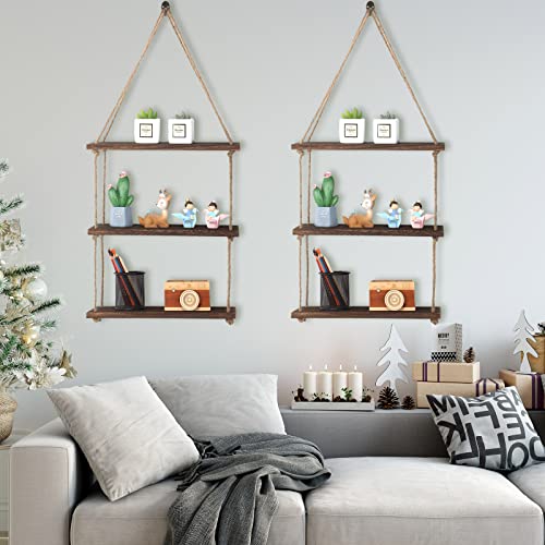 2 Sets Hanging Shelves for Wall 3 Tier Antique Wood Floating Hanging Shelf with Ropes Window Plant Shelves Rustic Storage Rack Wooden Floating Small Bookshelves for Bedroom Living Room Bathroom Decor