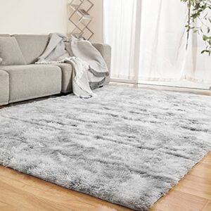 lfhht fluffy area rugs 8×10 feet for living room bedroom, large modern indoor soft fuzzy shaggy carpet shag rugs kids girls boys classroom nursery dorm room, tie-dyed light grey