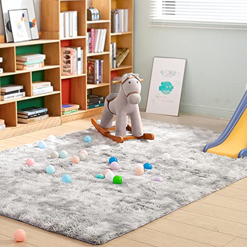 LFHHT Fluffy Area Rugs 8x10 Feet for Living Room Bedroom, Large Modern Indoor Soft Fuzzy Shaggy Carpet Shag Rugs Kids Girls Boys Classroom Nursery Dorm Room, Tie-Dyed Light Grey