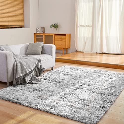 LFHHT Fluffy Area Rugs 8x10 Feet for Living Room Bedroom, Large Modern Indoor Soft Fuzzy Shaggy Carpet Shag Rugs Kids Girls Boys Classroom Nursery Dorm Room, Tie-Dyed Light Grey