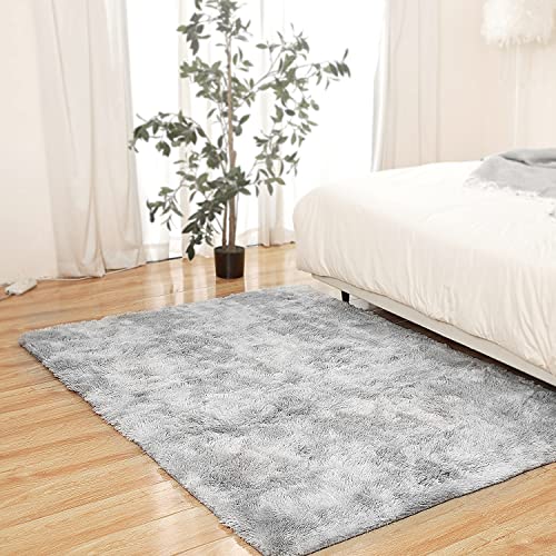 LFHHT Fluffy Area Rugs 8x10 Feet for Living Room Bedroom, Large Modern Indoor Soft Fuzzy Shaggy Carpet Shag Rugs Kids Girls Boys Classroom Nursery Dorm Room, Tie-Dyed Light Grey