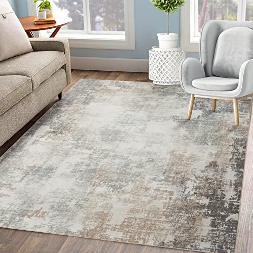 RUGSREAL Area Rug 8' x 10' Machine Washable Modern Abstract Rug Indoor Contemporary Floor Cover Carpet Rug Velvet Mat Foldable Accent Rug for Living Room Bedroom Dining Room, Taupe/Grey