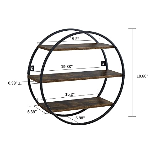 MUSEHOMEINC Floating Shelves for Wall Decors with 3 Tier Decorative Geometric Circle Metal, Wooden Wall Mounted Shelves for Bedroom, Living Room Or Bathroom, Rustic Farmhouse Decor/Small Shelf