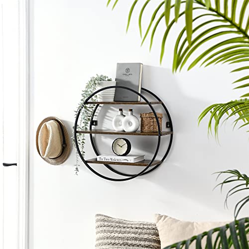 MUSEHOMEINC Floating Shelves for Wall Decors with 3 Tier Decorative Geometric Circle Metal, Wooden Wall Mounted Shelves for Bedroom, Living Room Or Bathroom, Rustic Farmhouse Decor/Small Shelf