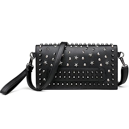 KUANG! Black Dark Punk Style Shoulder Bag Pu Leather Wristlets Clutch Purse Fashion Rivets Handbags