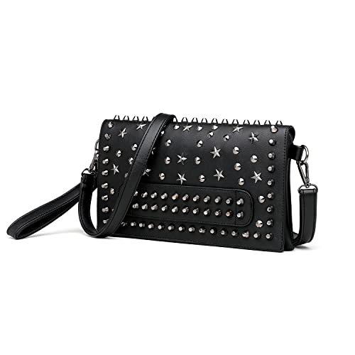 KUANG! Black Dark Punk Style Shoulder Bag Pu Leather Wristlets Clutch Purse Fashion Rivets Handbags