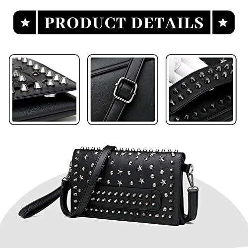 KUANG! Black Dark Punk Style Shoulder Bag Pu Leather Wristlets Clutch Purse Fashion Rivets Handbags