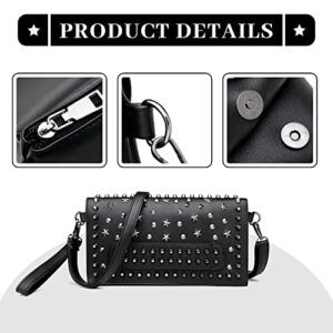 KUANG! Black Dark Punk Style Shoulder Bag Pu Leather Wristlets Clutch Purse Fashion Rivets Handbags