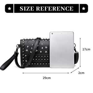 KUANG! Black Dark Punk Style Shoulder Bag Pu Leather Wristlets Clutch Purse Fashion Rivets Handbags