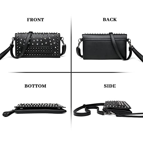 KUANG! Black Dark Punk Style Shoulder Bag Pu Leather Wristlets Clutch Purse Fashion Rivets Handbags