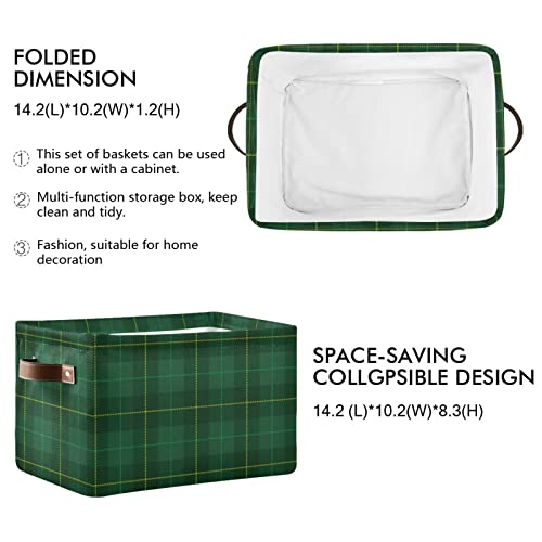 Kigai Collapsible Storage Basket with Handles, Dark Green Tartan Plaid Canvas Fabric Storage Bins Toys Clothes Organizer for Bedroom, Nursery, Shelves, Closets (1PACK)