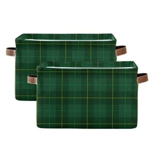 Kigai Collapsible Storage Basket with Handles, Dark Green Tartan Plaid Canvas Fabric Storage Bins Toys Clothes Organizer for Bedroom, Nursery, Shelves, Closets (1PACK)