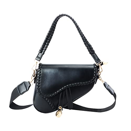 WOG2008 Women Saddle Bag Purses Trendy Black Saddle Shoulder Bag Leather Crossbody bag White Vintage Satchel Handbags