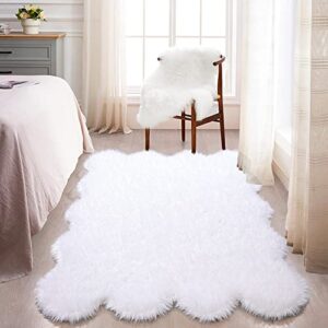 hombys fluffy faux fur sheepskin area rug 5×8 ft, large shag floor mat for living room bedroom, soft bedside carpet for kids room sofa nursery, white