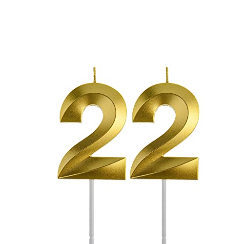 Gold 22 Birthday Candles,Gold Number 22nd Cake Topper for Birthday Decorations Party Decoration