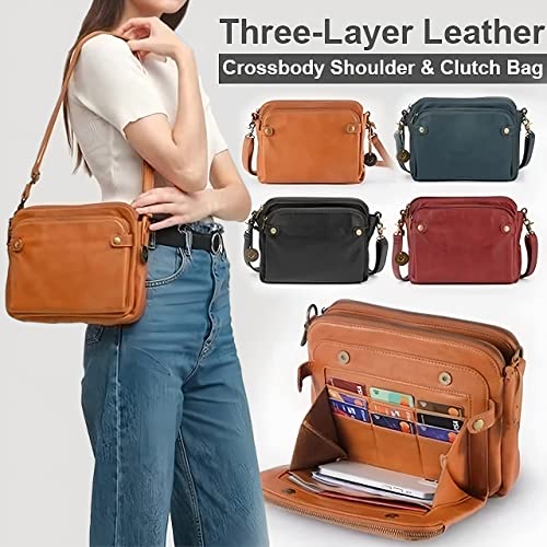 UIRPK Crossbody Leather Shoulder Bags and Clutches,Three-Layer Leather Crossbody Shoulder & Clutch Bag. (Burgundy,one Size)