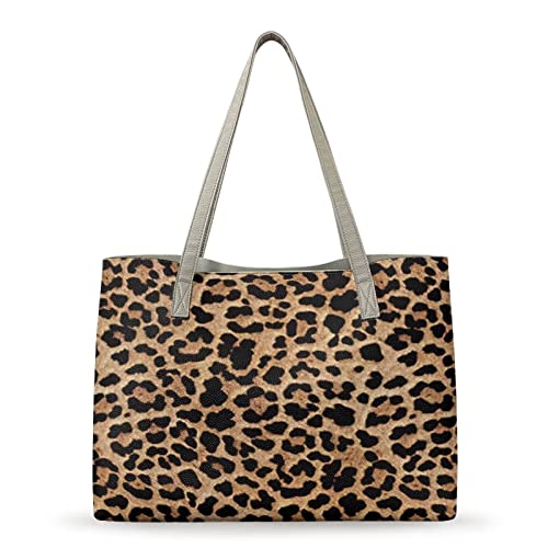 Xpyiqun Leopard Print Leather Handbag Tote Purse for Women Large Capacity Work Shoulder Bags with Pouch Cheetah Heavy Duty Bucket Bags Top-handle Satchel Hobo Bags