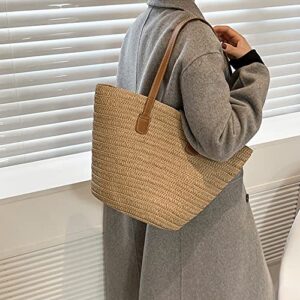 Rejolly Straw Tote Bag for Women Beach Summer Vacation Boho Rattan Handbags Large Woven Shoulder Purse with Zipper Leather Handle Purse Khaki