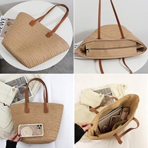 Rejolly Straw Tote Bag for Women Beach Summer Vacation Boho Rattan Handbags Large Woven Shoulder Purse with Zipper Leather Handle Purse Khaki