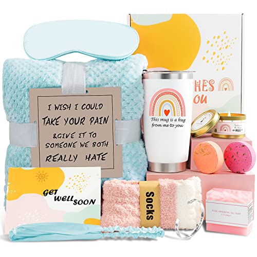 Get Well Soon Gifts for Women, 12 Pcs Care Package Get Well Gift Basket for Sick Friends After Surgery, Feel Better Self Care Gift, Sympathy Gifts Thinking of you Box for Women Mom Her w/Cyan Blanket