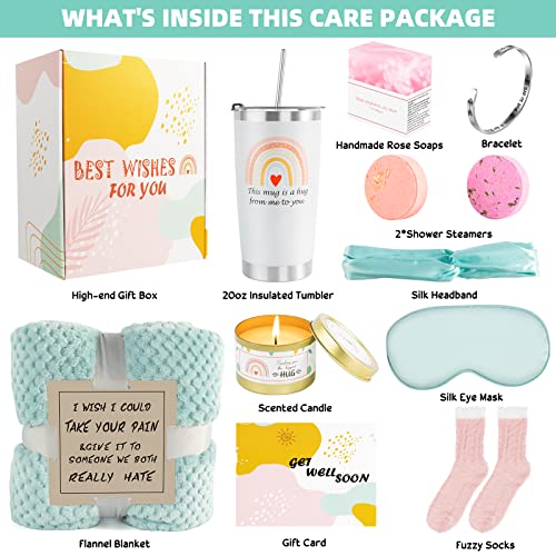 Get Well Soon Gifts for Women, 12 Pcs Care Package Get Well Gift Basket for Sick Friends After Surgery, Feel Better Self Care Gift, Sympathy Gifts Thinking of you Box for Women Mom Her w/Cyan Blanket