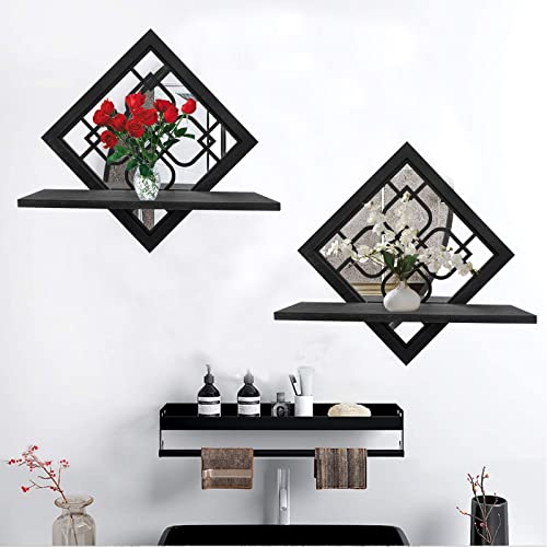 sxnzequnze 16 Inch Rustic Floating Shelves Set of 2 Wood Mirrored Shelves Wall Mounted Farmhouse Home Decor Hanging Wall Art for Living Rroom Bathroom Bedroom-Black Set