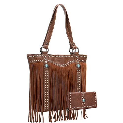 Montana West Embroidered Fringe Collection Vegan Leather Tote for Women Large Fashion Shoulder Bag with Wallet MW1149G-8113BR+W