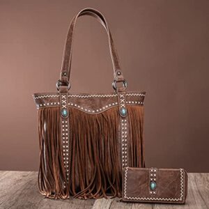 Montana West Embroidered Fringe Collection Vegan Leather Tote for Women Large Fashion Shoulder Bag with Wallet MW1149G-8113BR+W