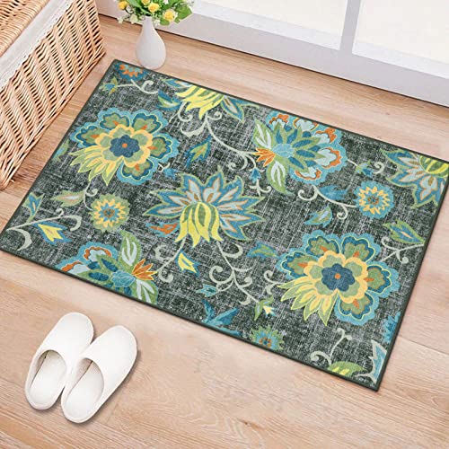 Beeiva Floral Small Entryway Area Rug, 2x3 Green Washable Kitchen Rug Non Slip Front Door Rug Indoor Entrance, Modern Plant Doormat Non-Shedding Throw Entry Rugs for Inside House Bedroom Bathroom