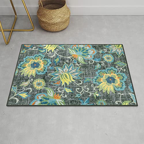 Beeiva Floral Small Entryway Area Rug, 2x3 Green Washable Kitchen Rug Non Slip Front Door Rug Indoor Entrance, Modern Plant Doormat Non-Shedding Throw Entry Rugs for Inside House Bedroom Bathroom