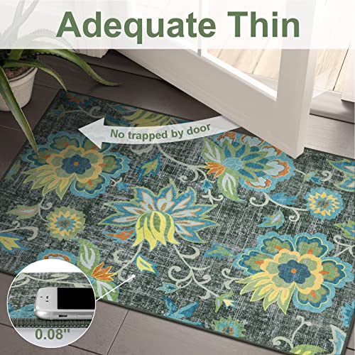 Beeiva Floral Small Entryway Area Rug, 2x3 Green Washable Kitchen Rug Non Slip Front Door Rug Indoor Entrance, Modern Plant Doormat Non-Shedding Throw Entry Rugs for Inside House Bedroom Bathroom