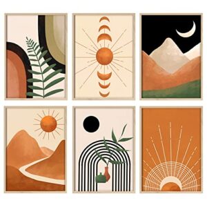 gisipameis boho wall art set of 6, mid century modern decor 8″ x 10″ unframed, sun moon palm leaf black beige neutral abstract geometric boho wall decor canvas prints for bedroom living room bathroom (orange)