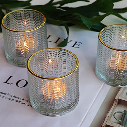 VOHO Votive Candle Holders Set of 6 with Gold Rim, Clear Tealight Candle Holder Bulk for Wedding Party, Glass Votive Candle Holders for Centerpiece Decoration(Clear, 2.75'' x 2.75'')