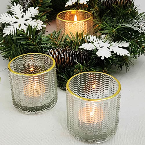 VOHO Votive Candle Holders Set of 6 with Gold Rim, Clear Tealight Candle Holder Bulk for Wedding Party, Glass Votive Candle Holders for Centerpiece Decoration(Clear, 2.75'' x 2.75'')