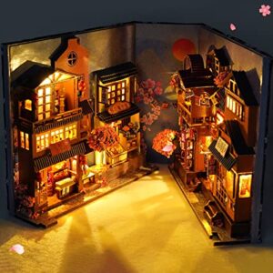 diy book nook kit, 3d wooden puzzle booknook, decorative bookend, bookshelf insert decor alley with furniture and led light for birthday home desk décor (cherry blossom alley)