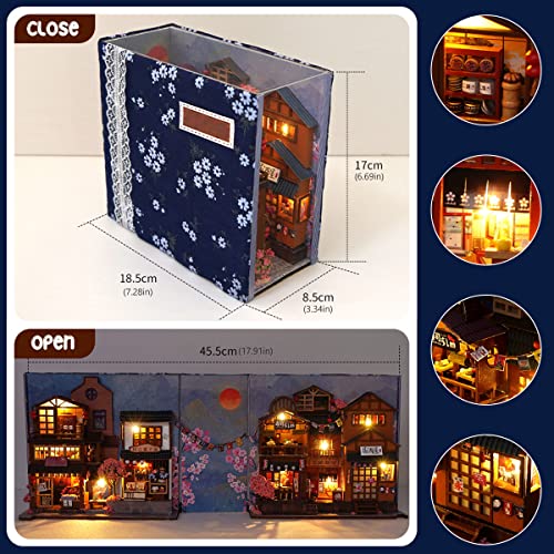 DIY Book Nook Kit, 3D Wooden Puzzle Booknook, Decorative Bookend, Bookshelf Insert Decor Alley with Furniture and LED Light for Birthday Home Desk Décor (Cherry Blossom Alley)