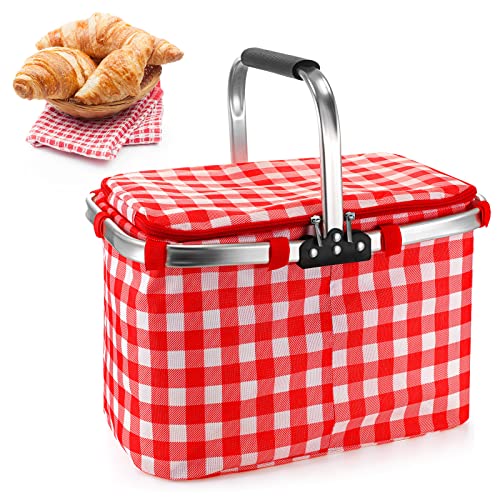 28l Insulated Picnic Baskets Portable Shopping Basket Market Basket with Folding Handle Waterproof Cooler Collapsible Picnic Basket Grocery Bag for Outdoor Picnics Travel Camping, Red and White Plaid