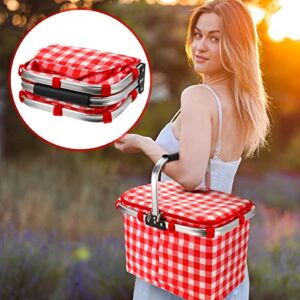 28l Insulated Picnic Baskets Portable Shopping Basket Market Basket with Folding Handle Waterproof Cooler Collapsible Picnic Basket Grocery Bag for Outdoor Picnics Travel Camping, Red and White Plaid