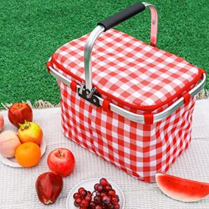 28l Insulated Picnic Baskets Portable Shopping Basket Market Basket with Folding Handle Waterproof Cooler Collapsible Picnic Basket Grocery Bag for Outdoor Picnics Travel Camping, Red and White Plaid