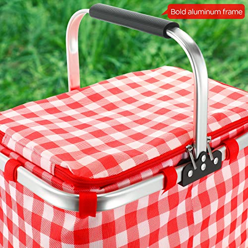 28l Insulated Picnic Baskets Portable Shopping Basket Market Basket with Folding Handle Waterproof Cooler Collapsible Picnic Basket Grocery Bag for Outdoor Picnics Travel Camping, Red and White Plaid