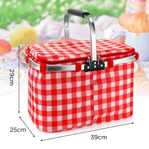 28l Insulated Picnic Baskets Portable Shopping Basket Market Basket with Folding Handle Waterproof Cooler Collapsible Picnic Basket Grocery Bag for Outdoor Picnics Travel Camping, Red and White Plaid