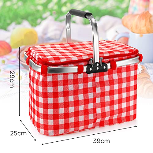 28l Insulated Picnic Baskets Portable Shopping Basket Market Basket with Folding Handle Waterproof Cooler Collapsible Picnic Basket Grocery Bag for Outdoor Picnics Travel Camping, Red and White Plaid