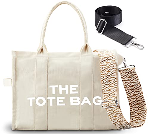 Tote Bags for Women - Canvas Tote Bags Shoulder Crossbody Bags Purse with Zipper School Fashion Handbag (White, 13in X 5.5in X 10in)