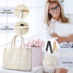 Tote Bags for Women - Canvas Tote Bags Shoulder Crossbody Bags Purse with Zipper School Fashion Handbag (White, 13in X 5.5in X 10in)